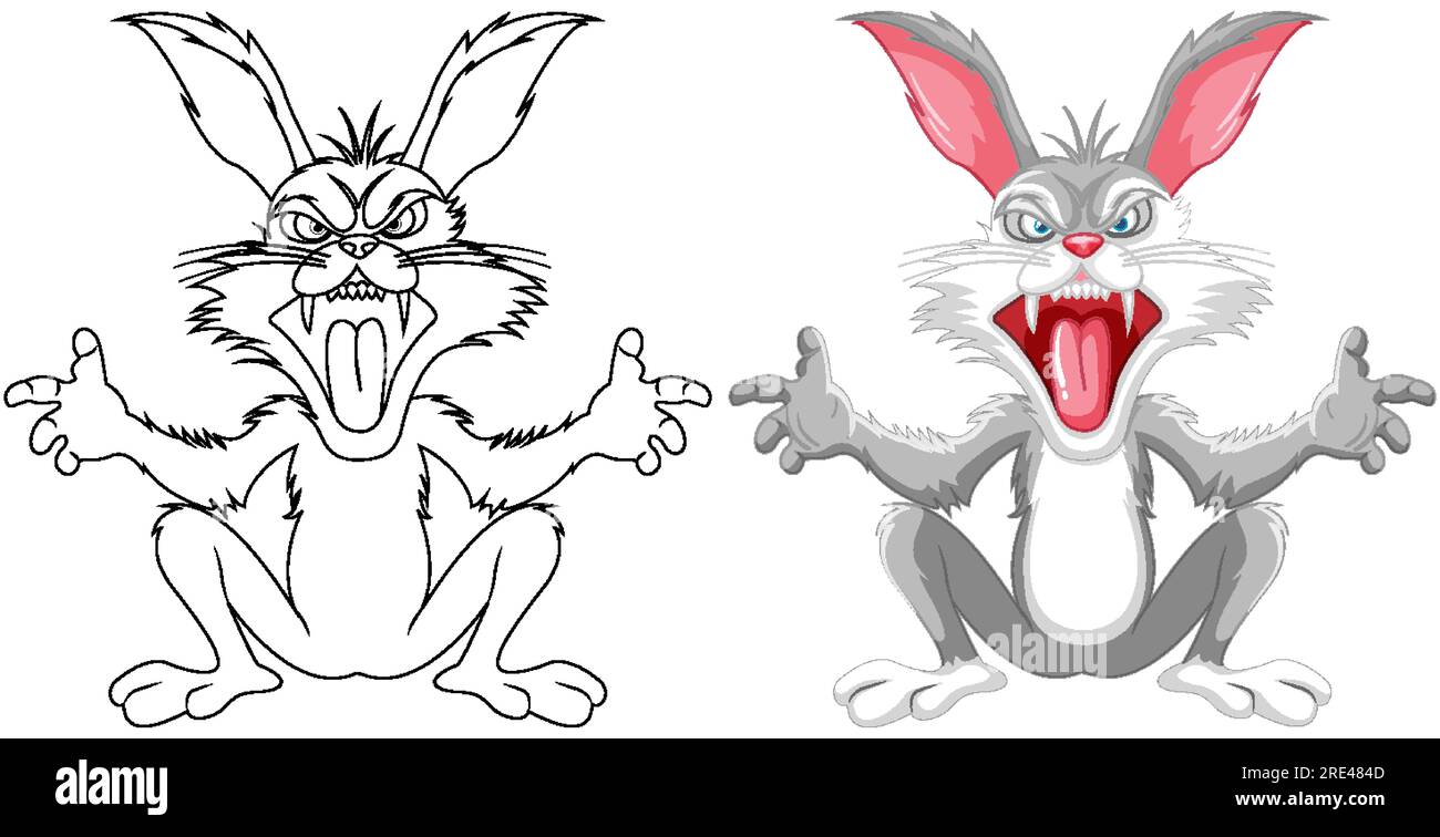 A grey vector illustration of a crazy rabbit cartoon sitting with sharp ...