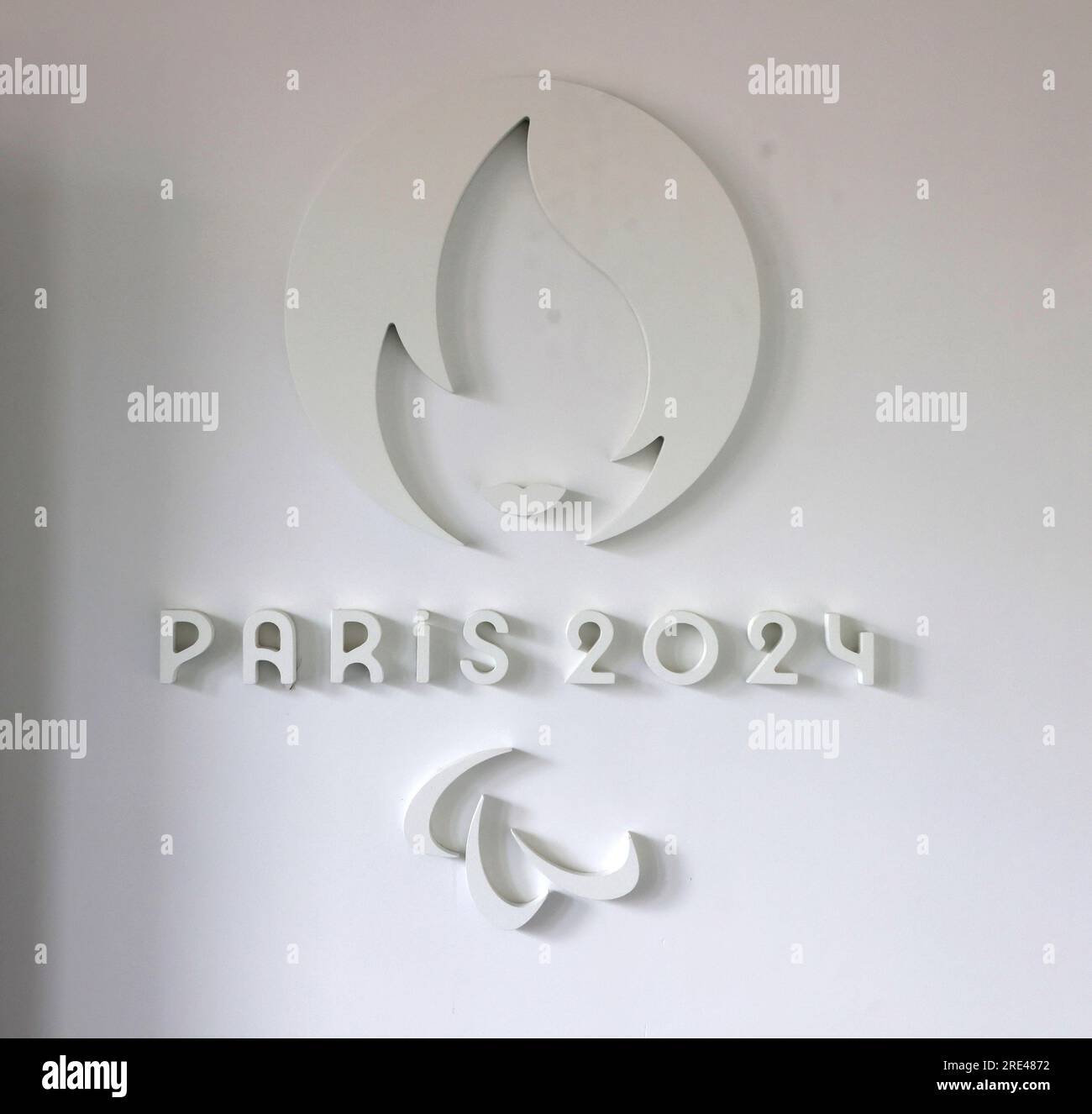 A photo shows the logo of Paris 2024 Paralympic in Saint-Denis, Paris ...