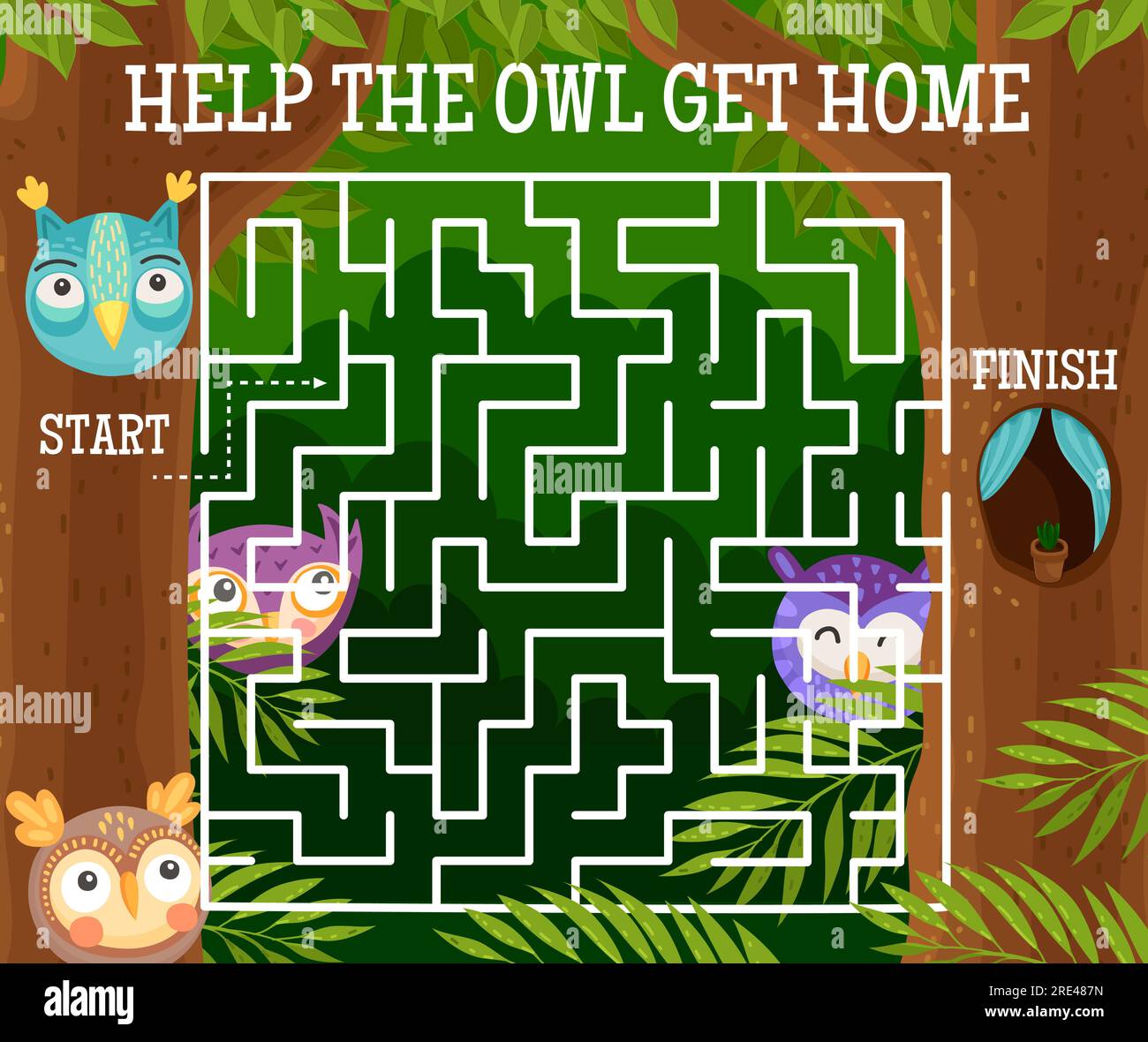 Kids labyrinth maze riddle with cartoon vector owls and funny owlets ...