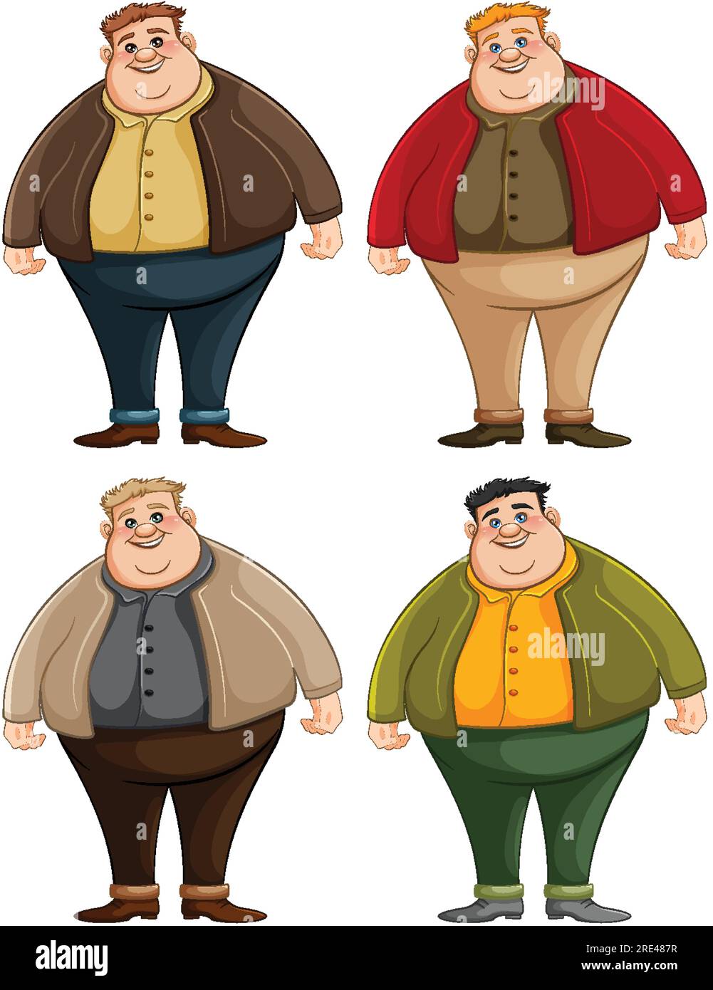 A vector cartoon illustration of four smiling overweight young man ...