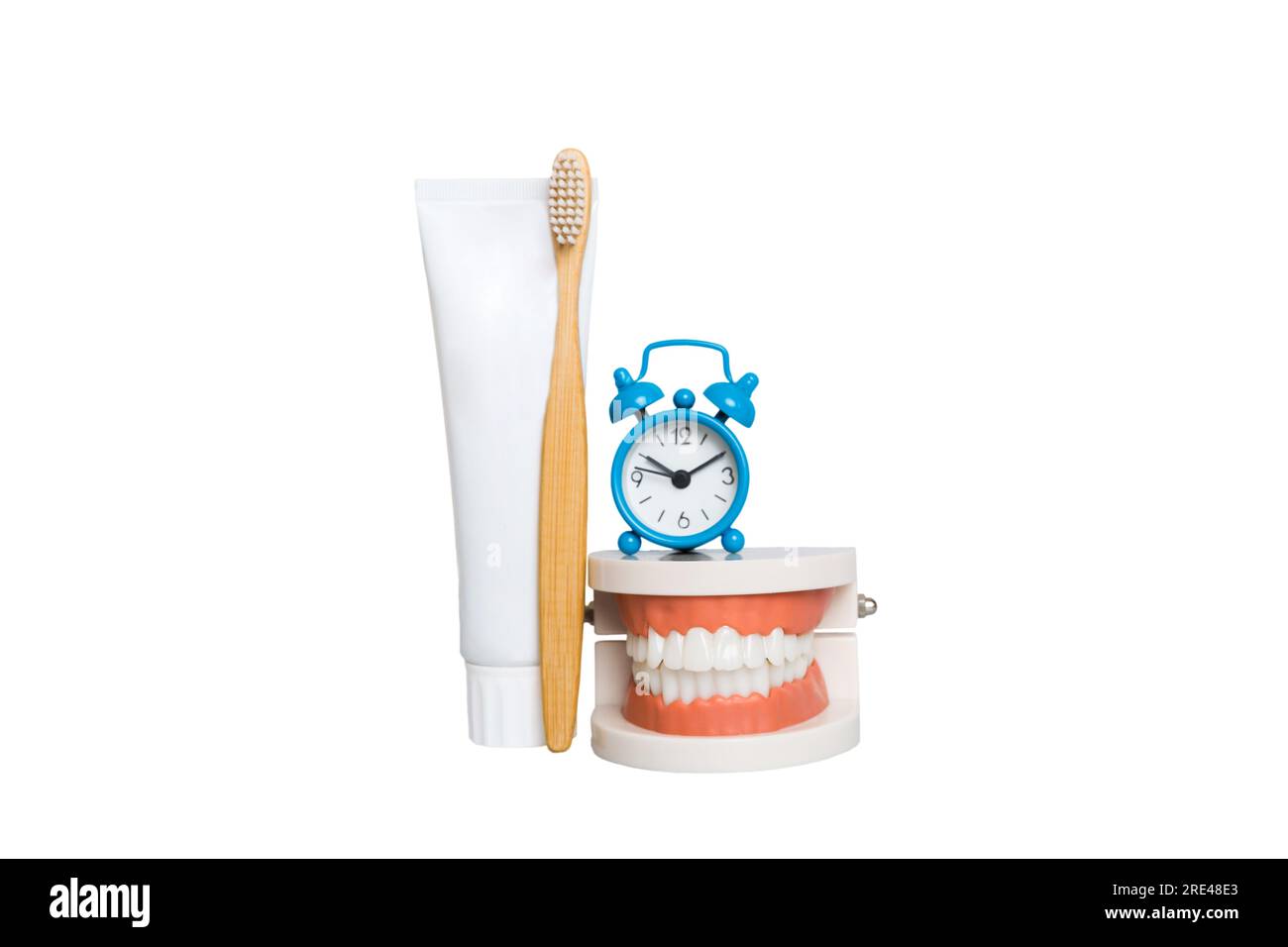 Mouthwash and other oral hygiene products on colored table top view ...