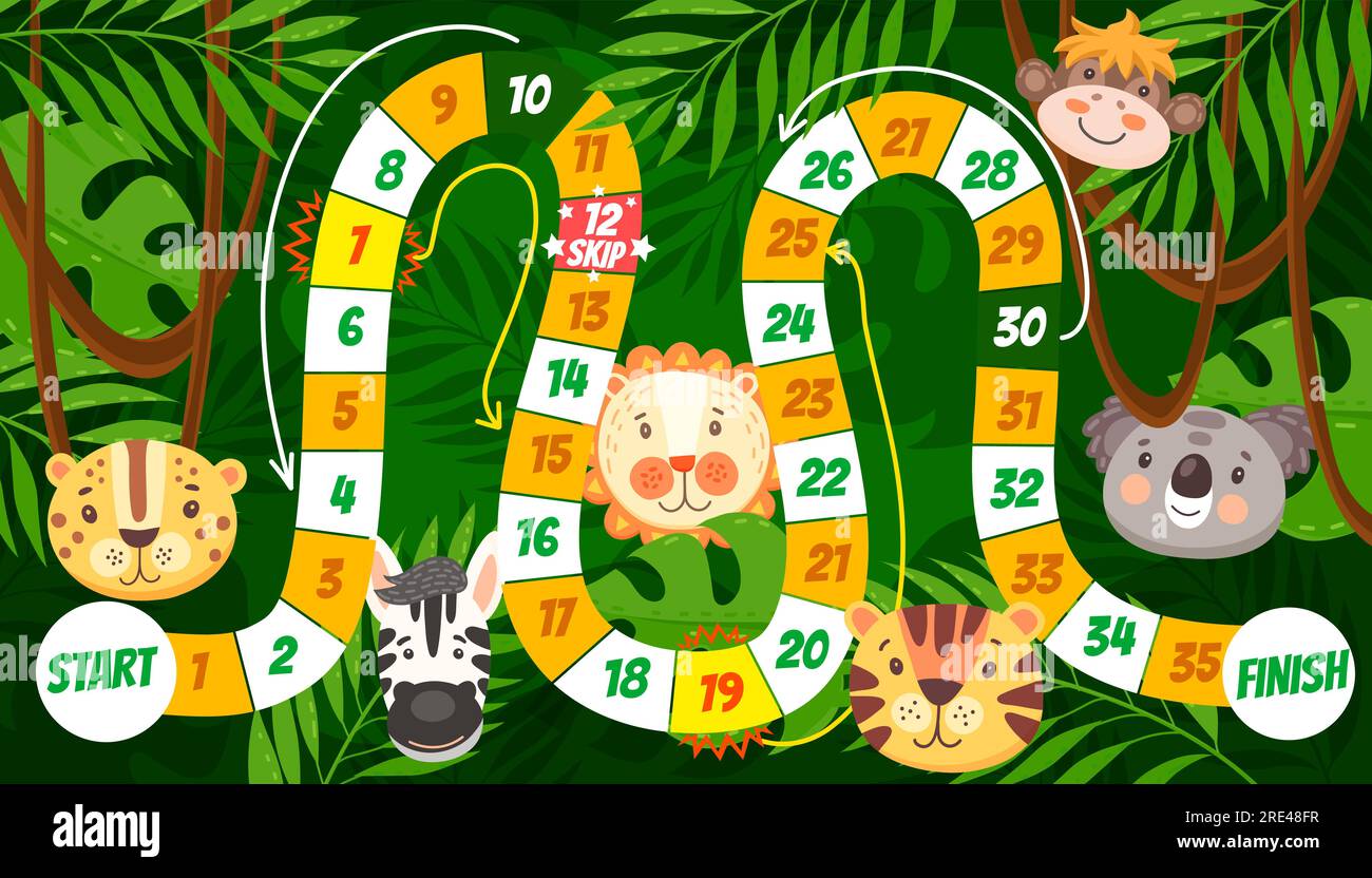 Cartoon tropical animals vector kids board game or maze. Start to ...