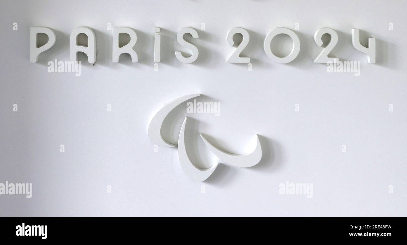 A photo shows the logo of Paris 2024 Paralympic in Saint-Denis, Paris ...