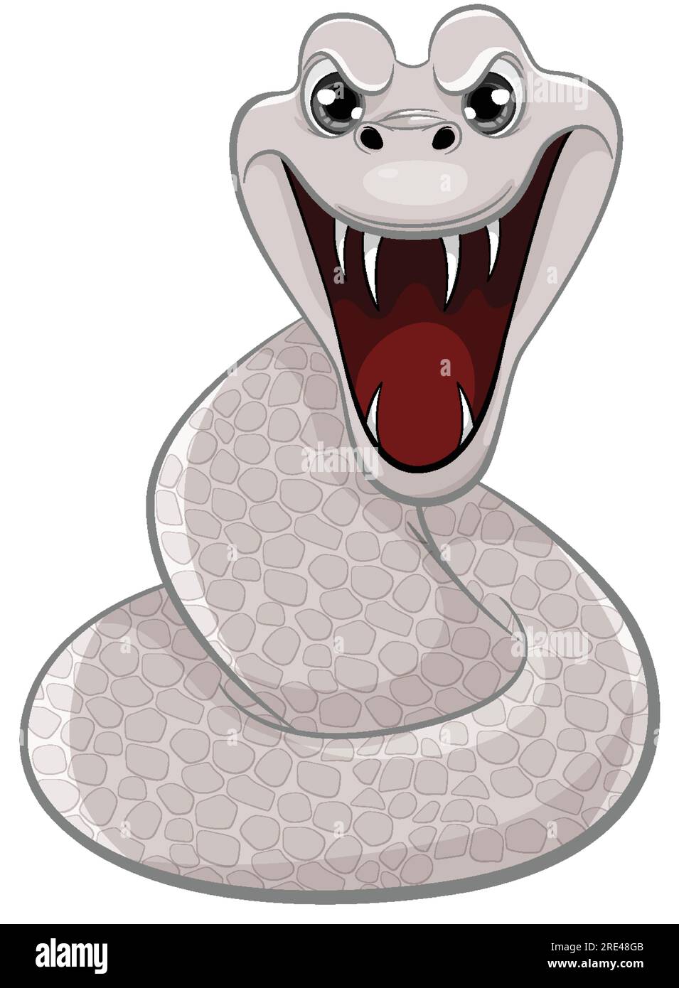 A vector cartoon illustration of a grey snake with scales, open mouth ...