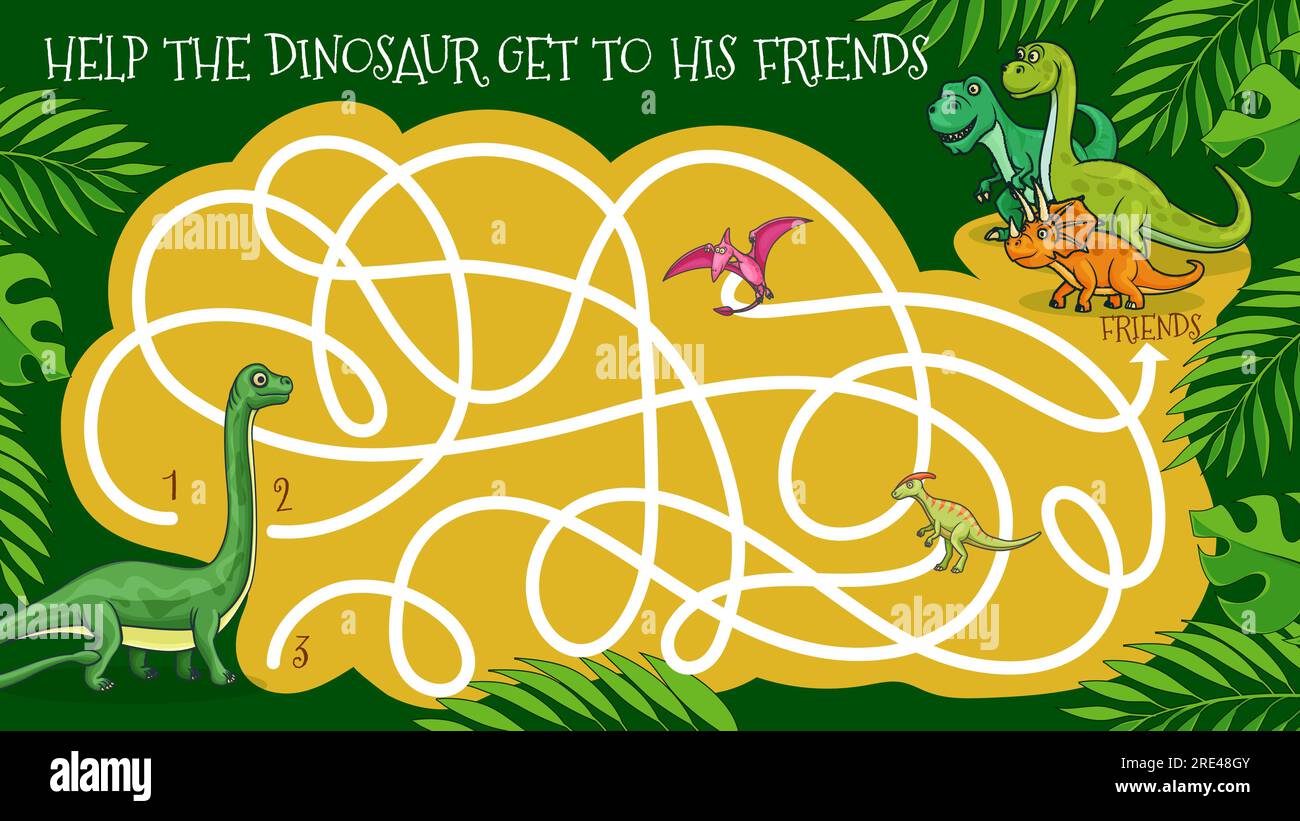 Cartoon dinosaurs vector labyrinth maze game or kids riddle. Logic ...