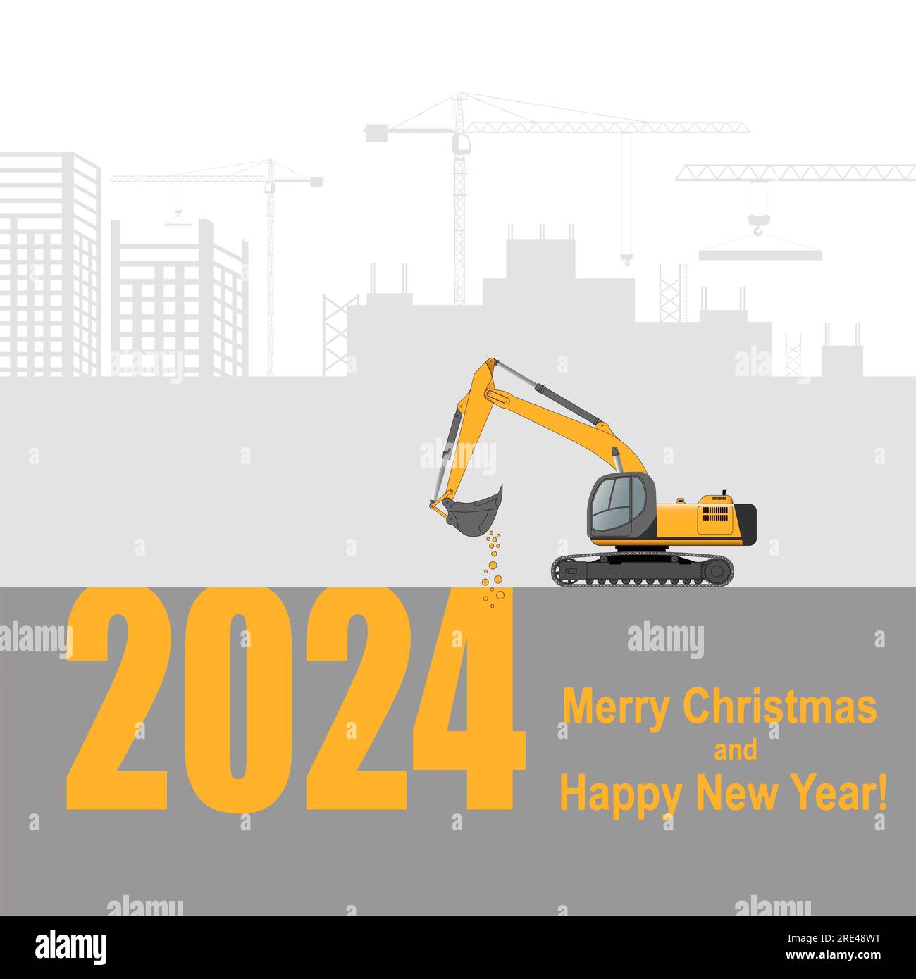 New year greeting card. 2024 year. The excavator is digging New Year s ...