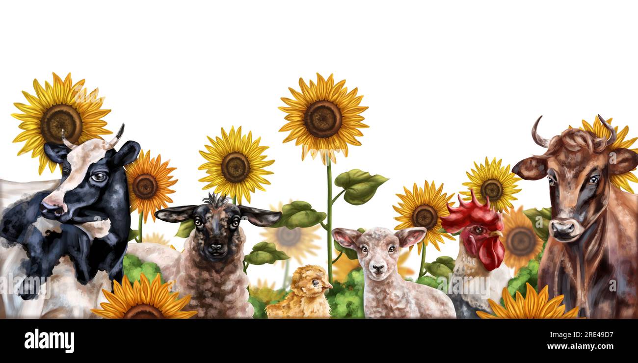 Horizontal frame with a composition of cows, sheep and chickens. Farm ...