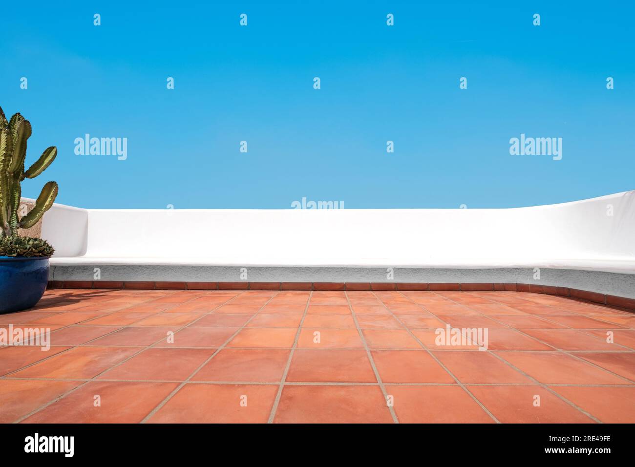 white bench on terrace with blue sky background, summer house outdoor ...