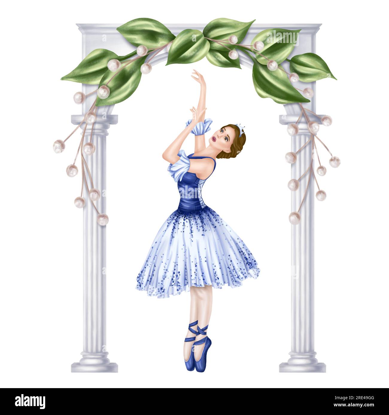 Dancing girl under a garden marble arch entwined with leaves and ...