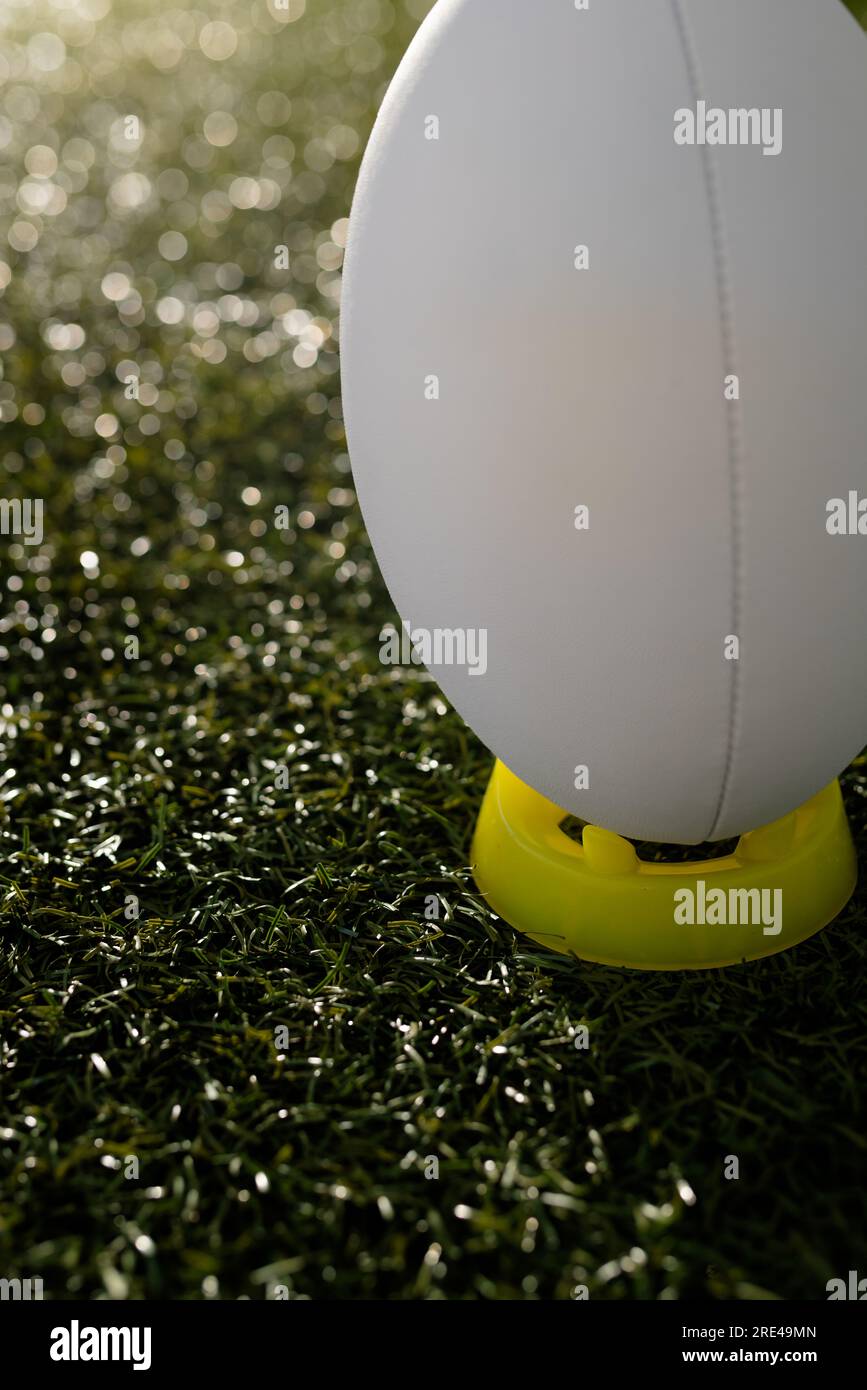 White rugby ball in yellow stand over grass with copy space, in slow ...