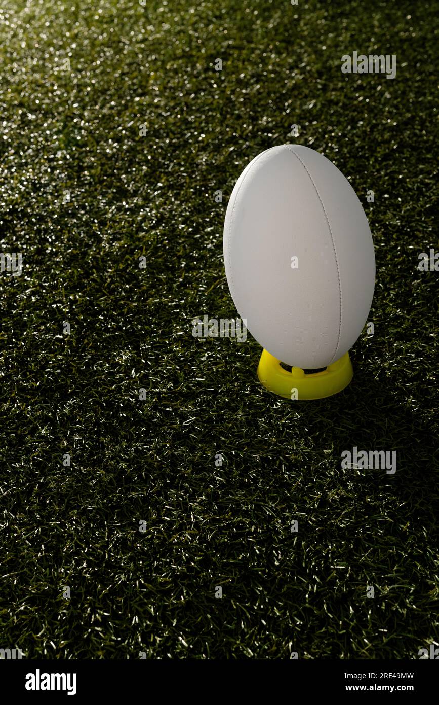 White rugby ball in yellow stand over grass with copy space, in slow ...