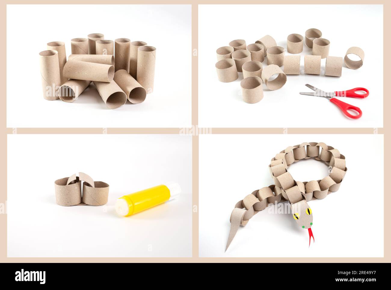 a snake made out of toilet paper on a white surface, craft made of ...