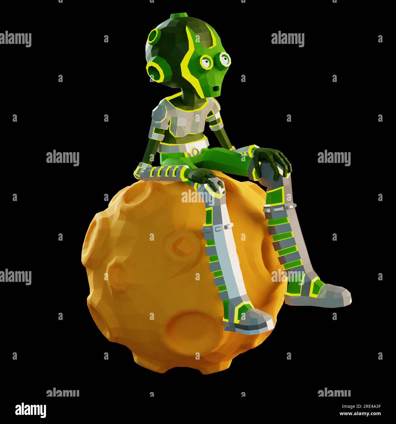 3D green alien is sitting sadly on the moon Stock Photo - Alamy