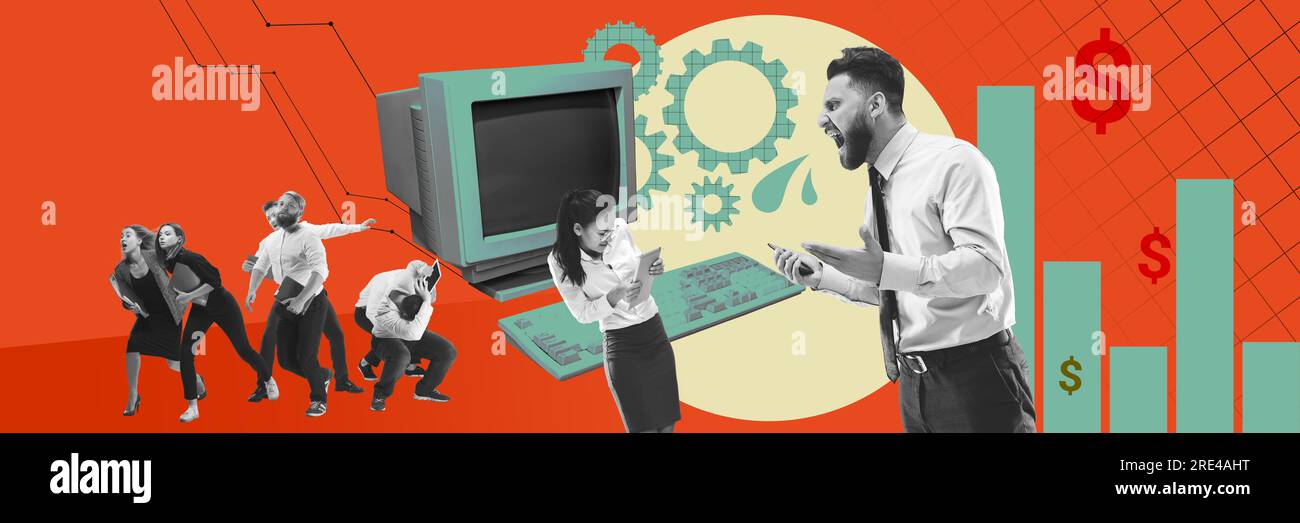 Angry, emotional businessman shouting at employees. Control over ...