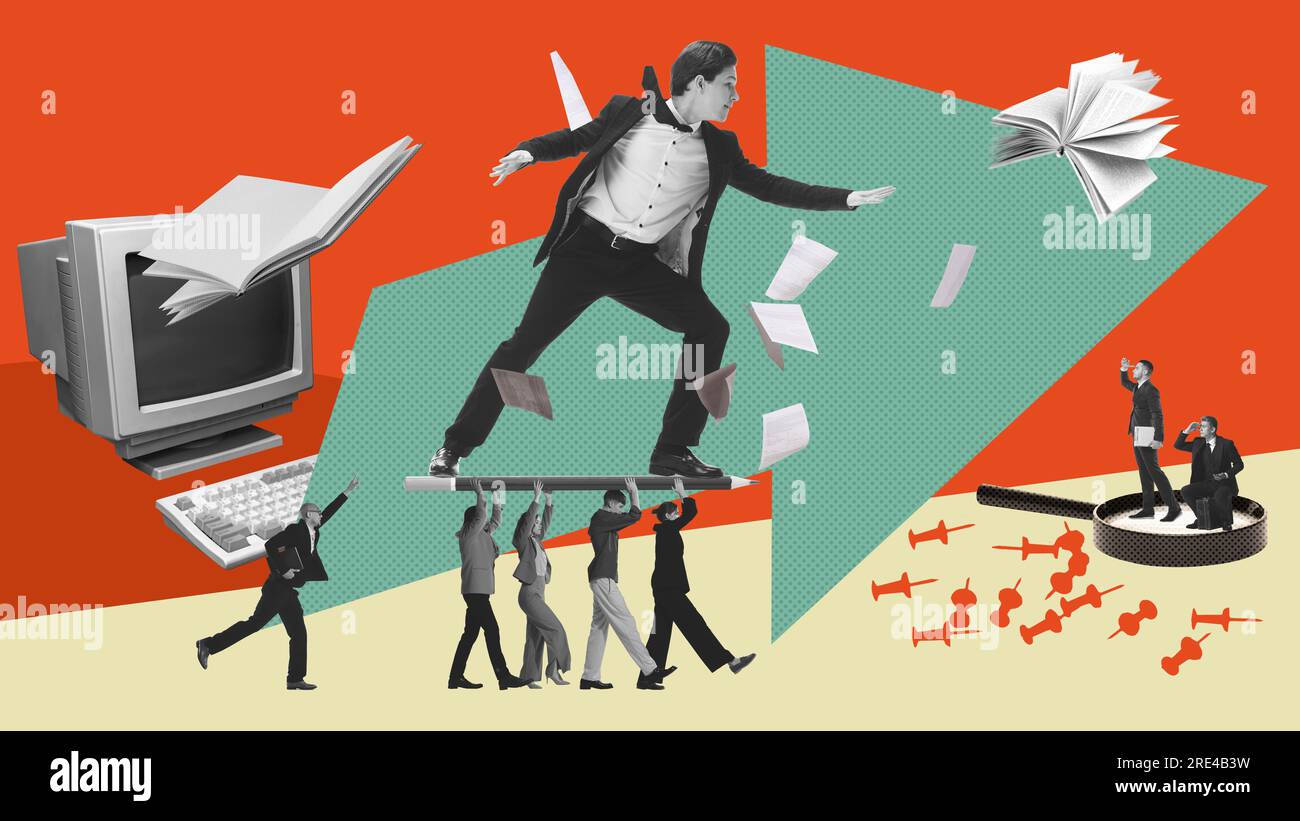 Group of employees, workers, team helping each other at work ...