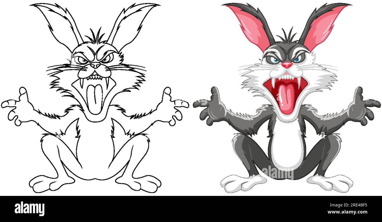 Black cartoon rabbit with sharp teeth sitting and ready for coloring ...