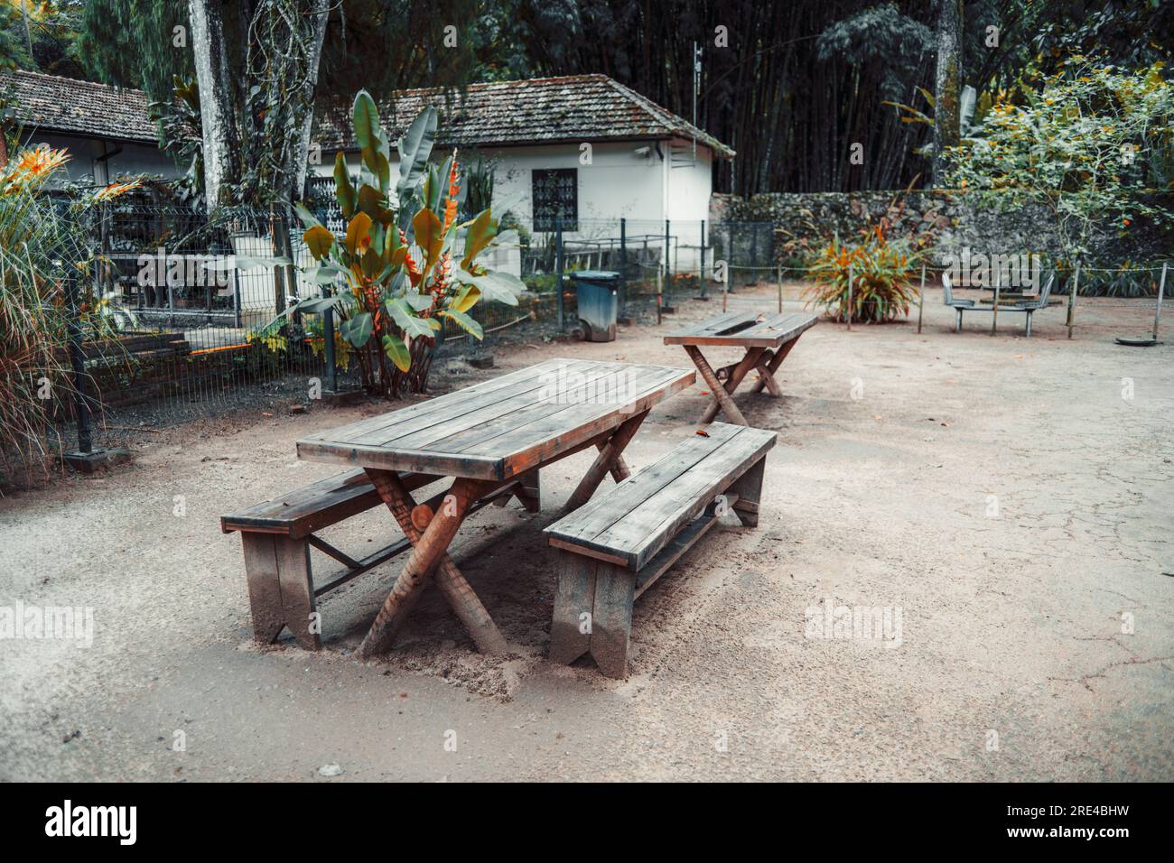 The set of two long wooden tables with benches outdoors on the soil ...