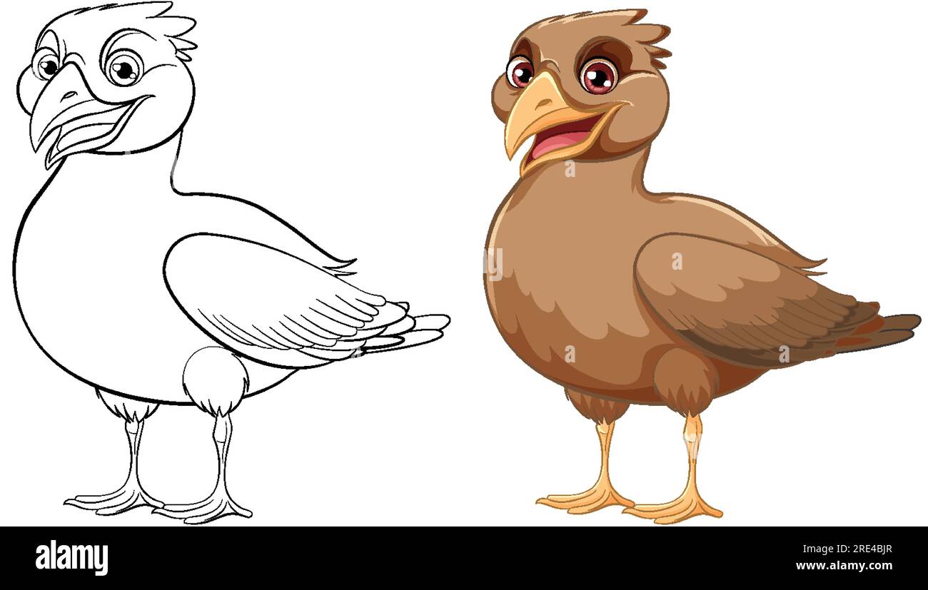 Outline of a cartoon bird standing and smiling, isolated on a white ...