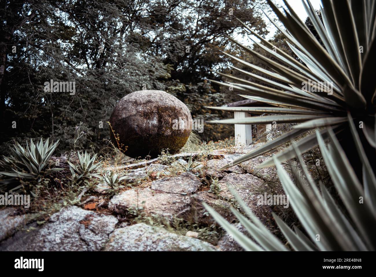 Huge and heavy round stone symbolizing unsteady balance, overgrown with ...
