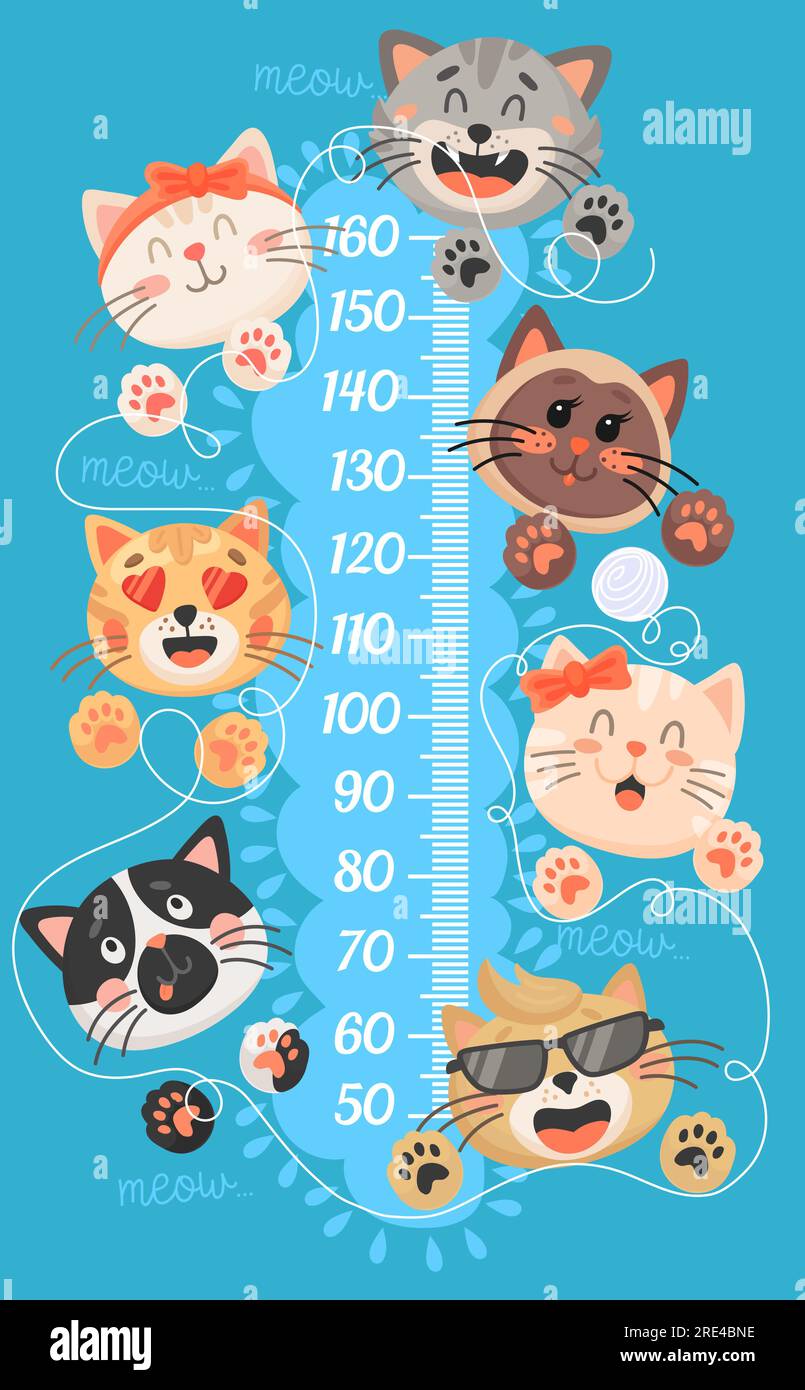 Cartoon kids height chart with funny cats and kittens. Vector growth ...