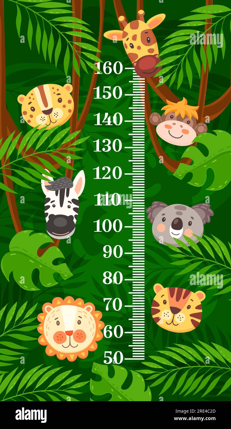 Kids height chart african and tropical cartoon animals growth measure ...