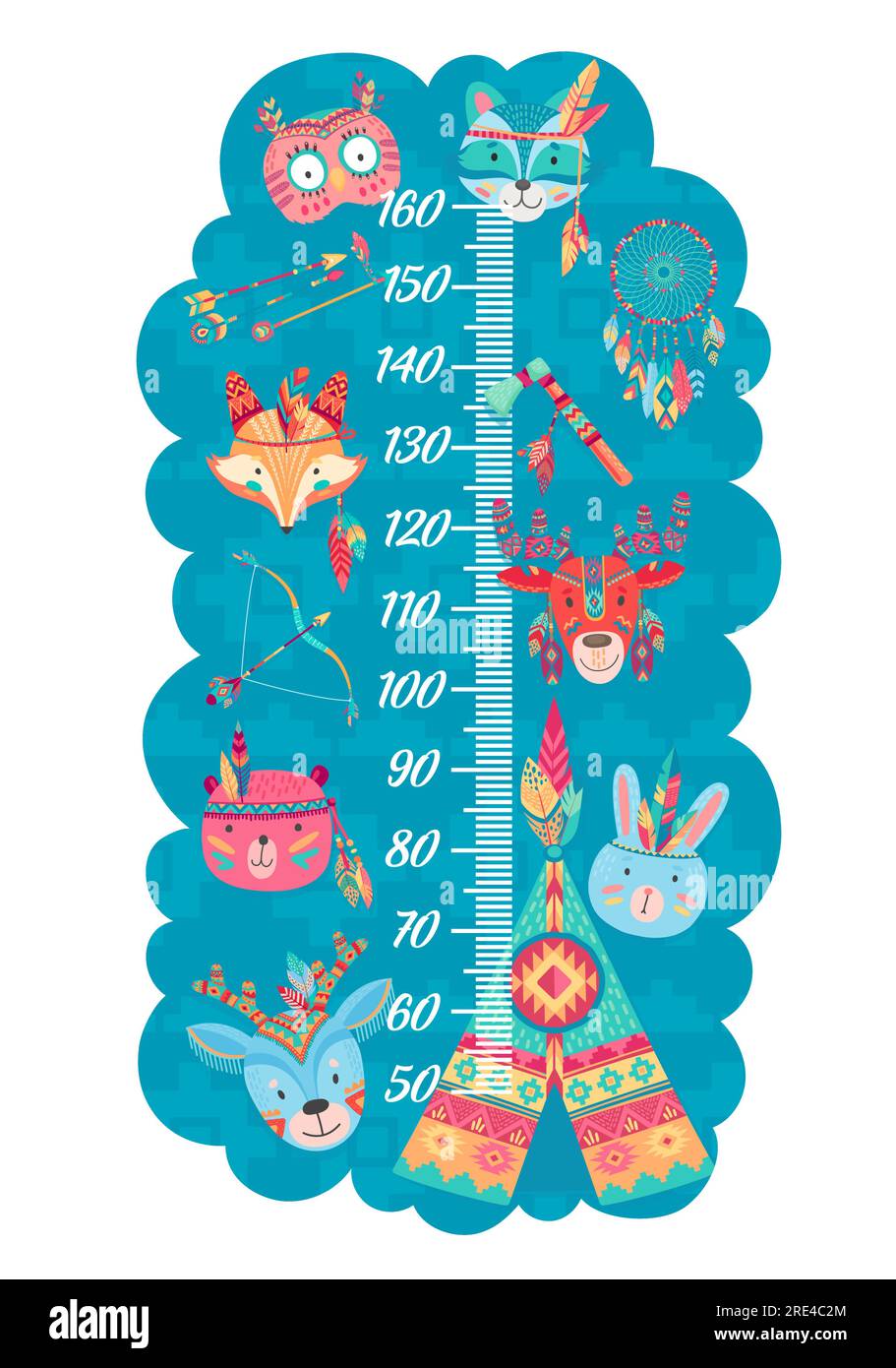 Cartoon kids height chart with funny vector owl, wolf and fox, elk ...
