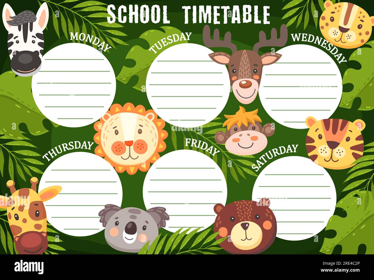 School timetable schedule with funny animals, vector week planner ...