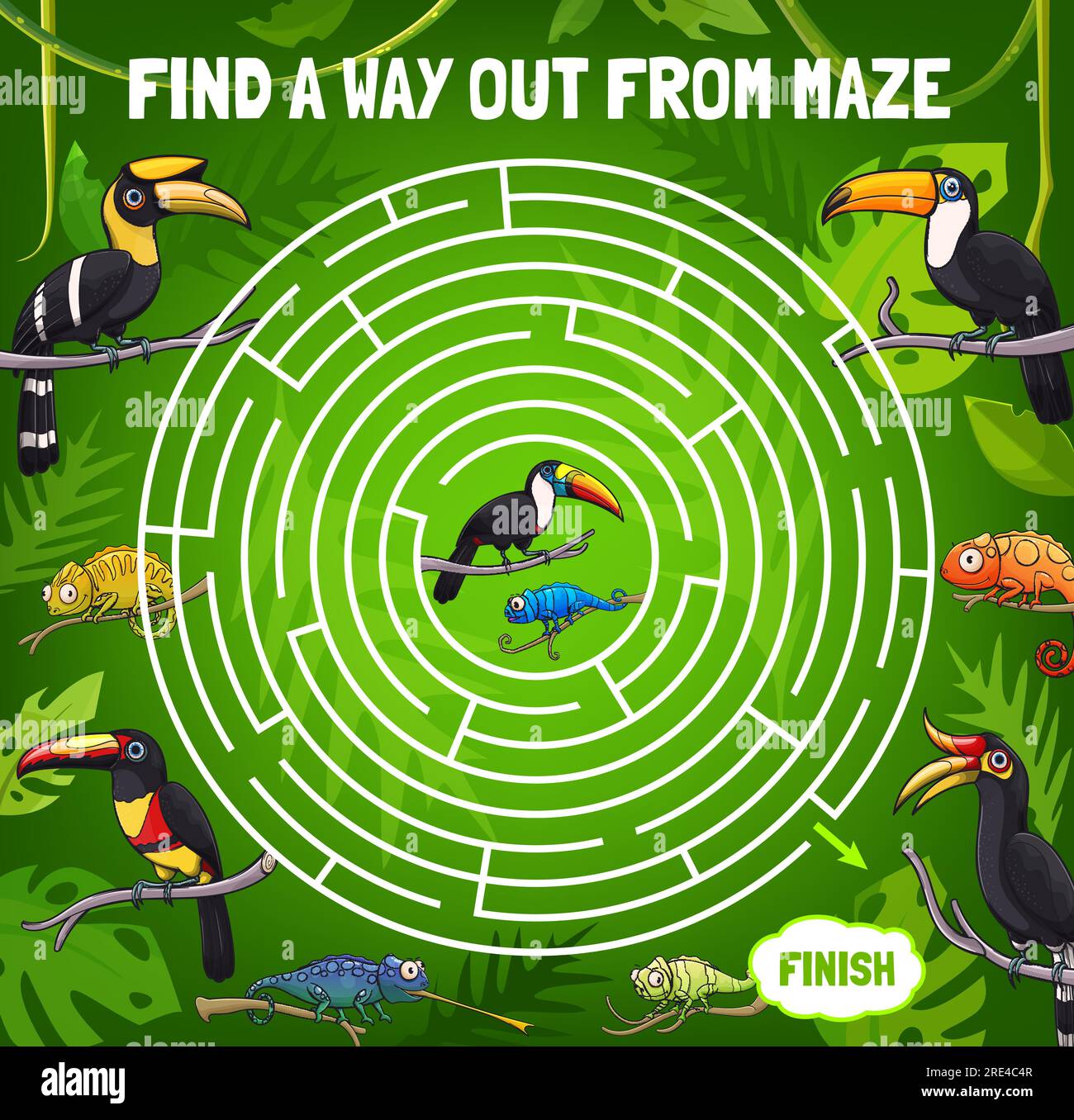 Labyrinth maze, find way out for toucan and chameleon, vector tabletop ...