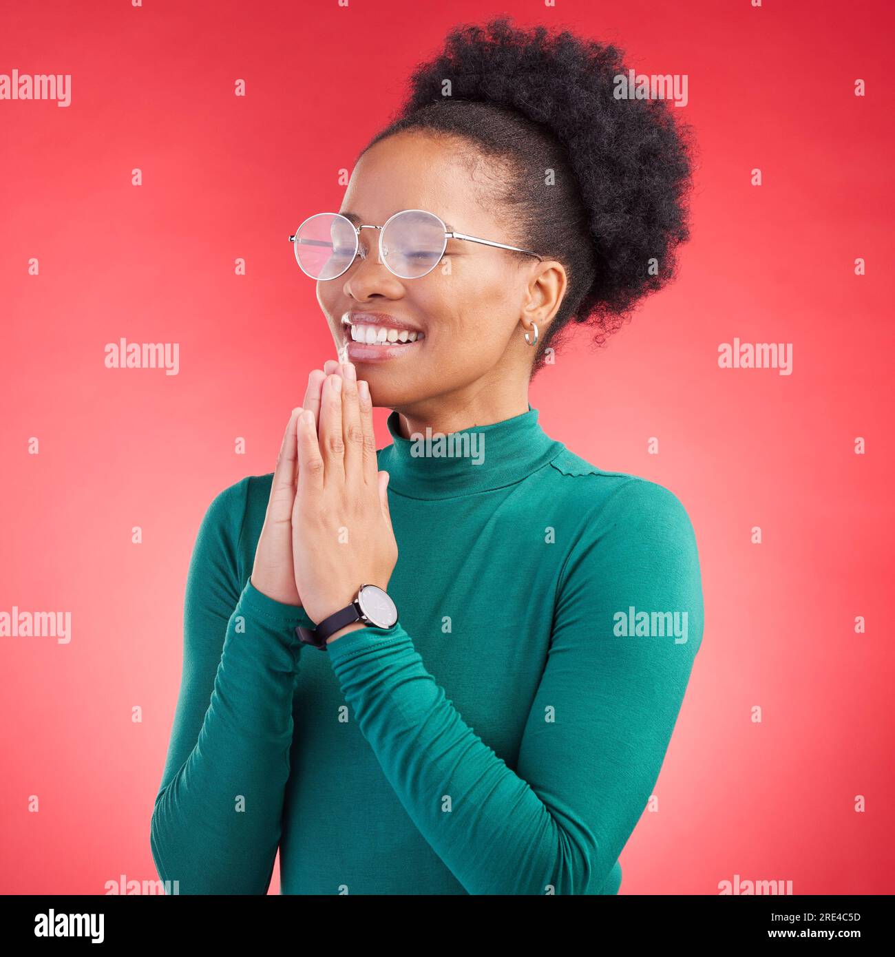 Prayer, thank you and black woman in studio happy, relief and faith and ...