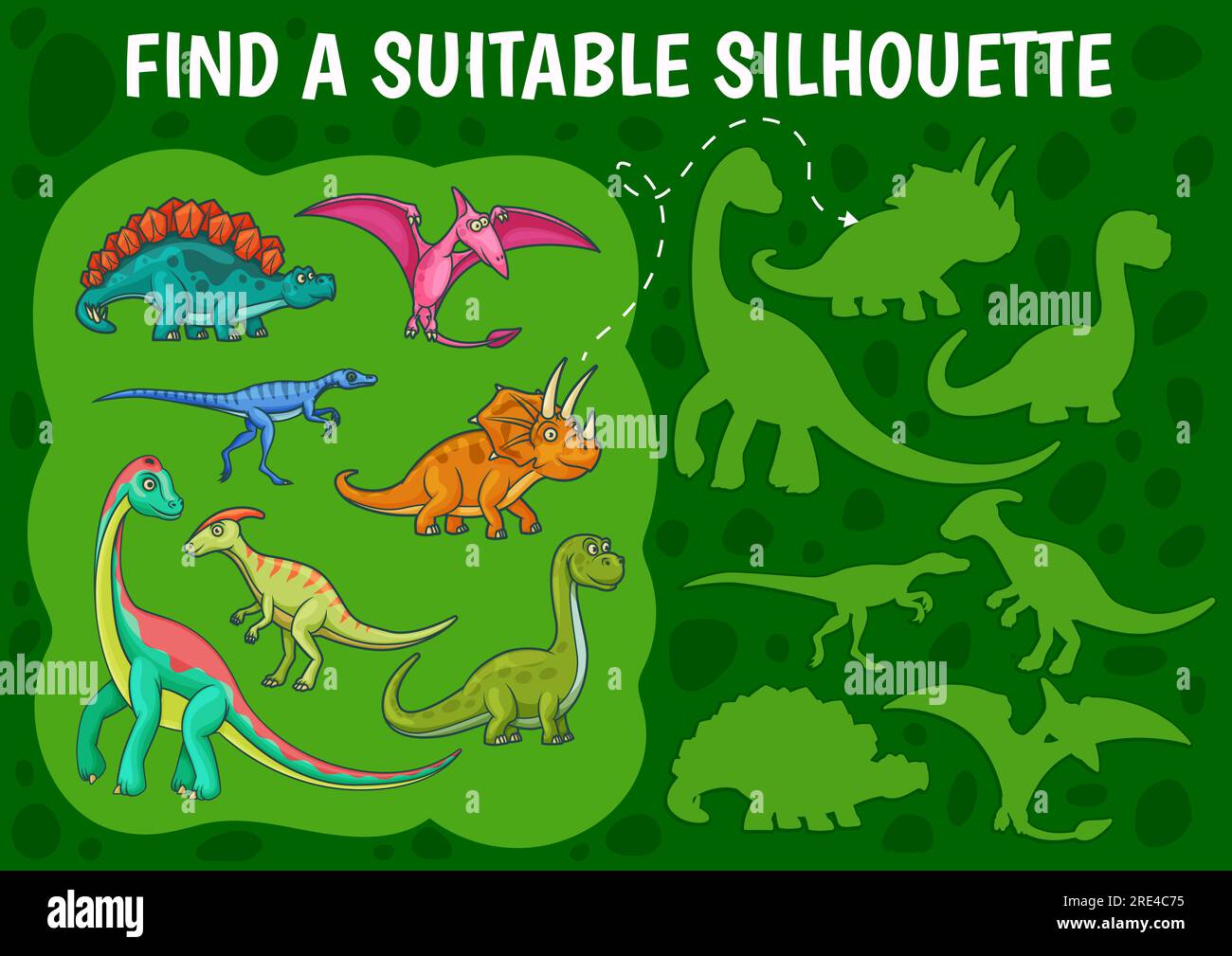Cartoon dinosaurs, find a dino silhouette kids game. Vector shadow ...