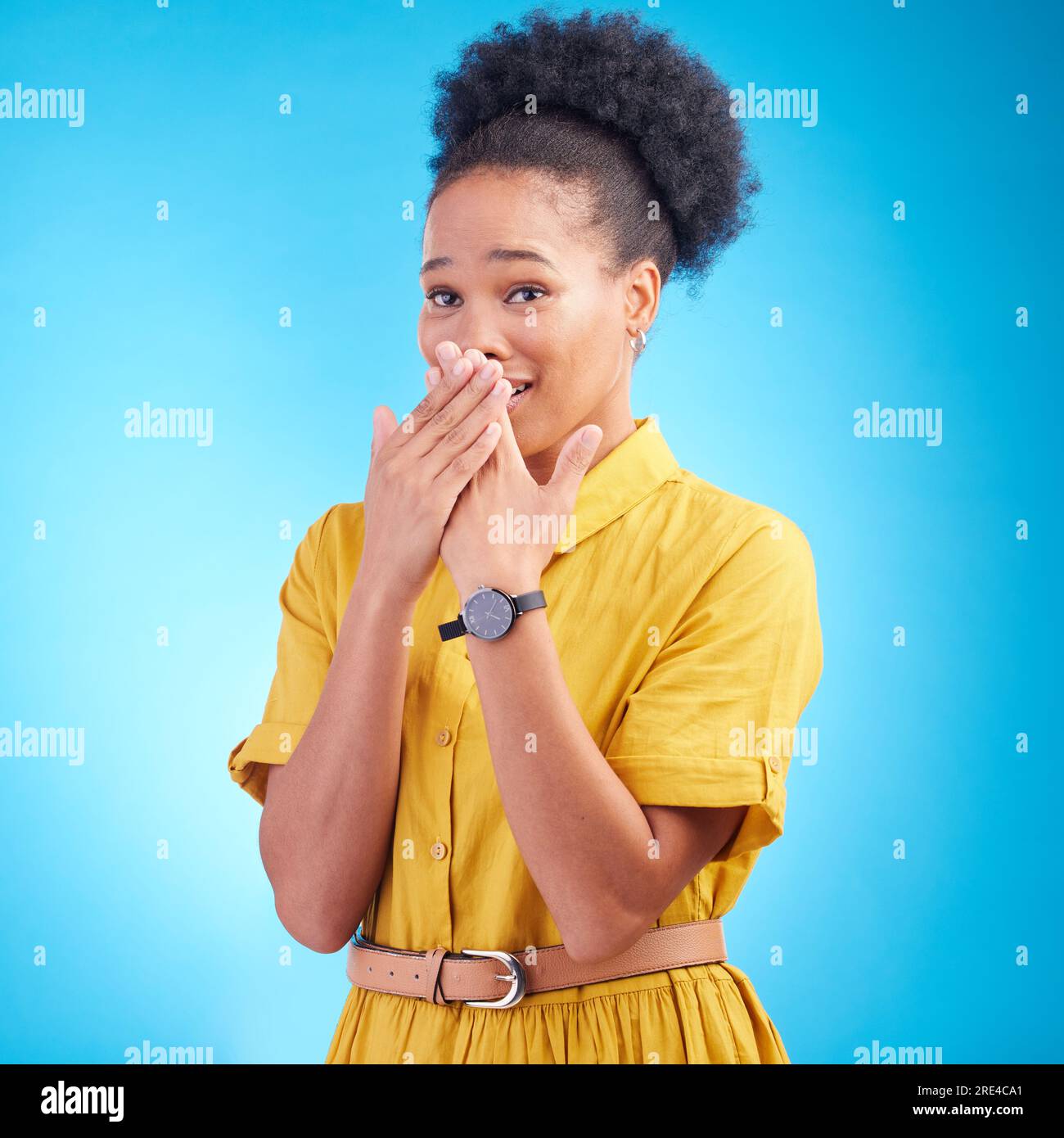 Surprise, omg and hand on face of black woman in studio embarrassed by ...