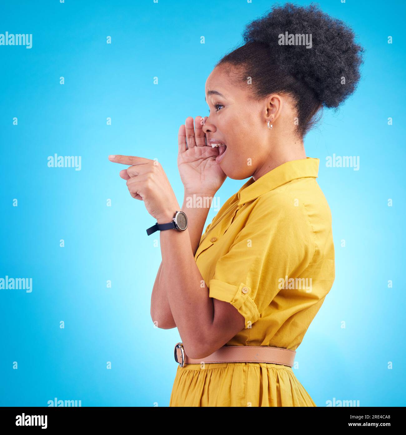Secret, whisper and black woman hand pointing in studio for with news ...