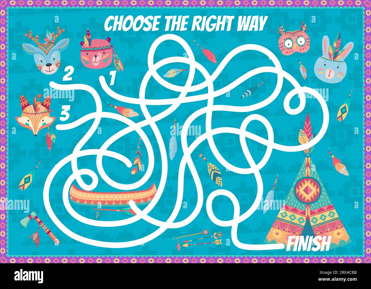 Kids labyrinth maze game, cartoon indian bear, rabbit, fox, owl and deer animals. Vector path ...