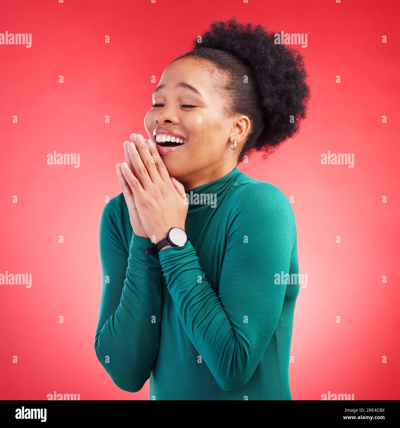 Thank you, praying and black woman in studio happy, relief and grateful ...