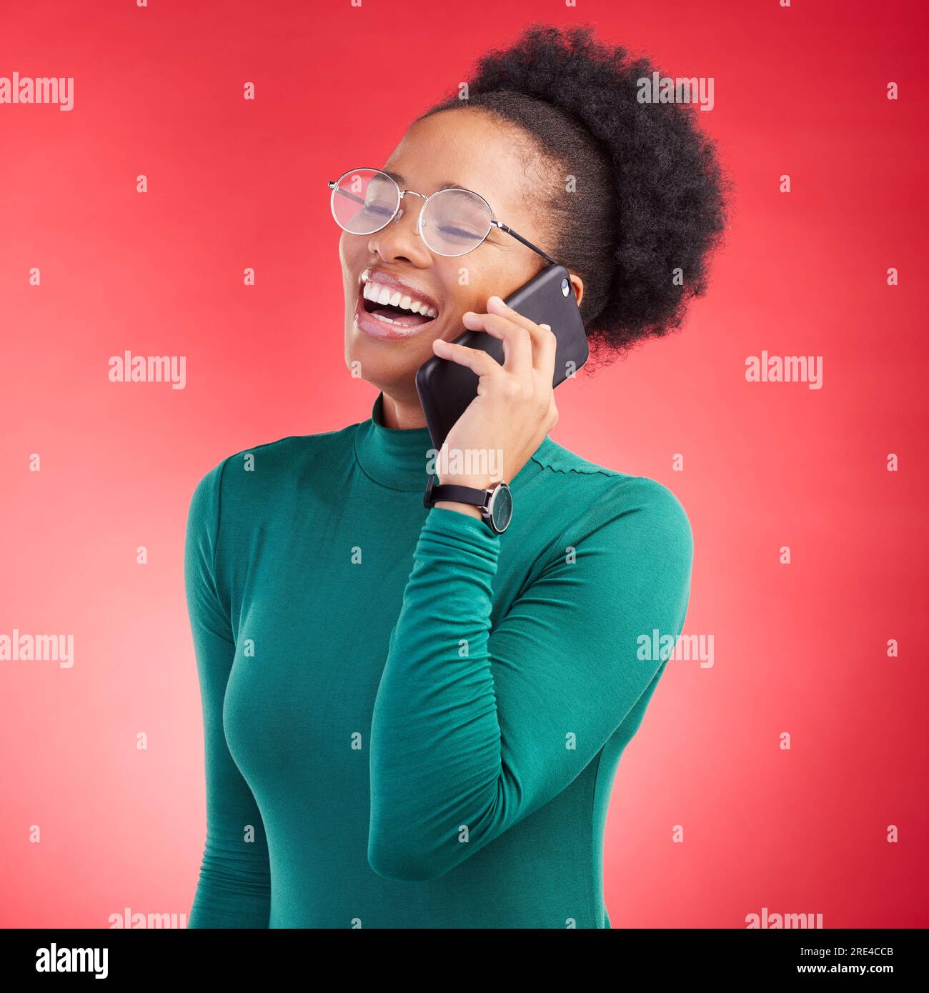 Happy woman, phone call and laughing for funny joke, meme or ...
