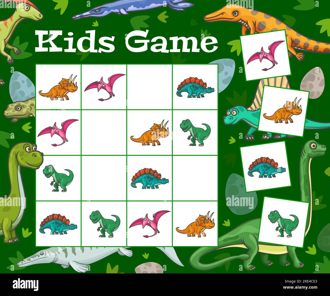 Sudoku game cartoon dinosaurs and eggs. Kids vector riddle with dino ...