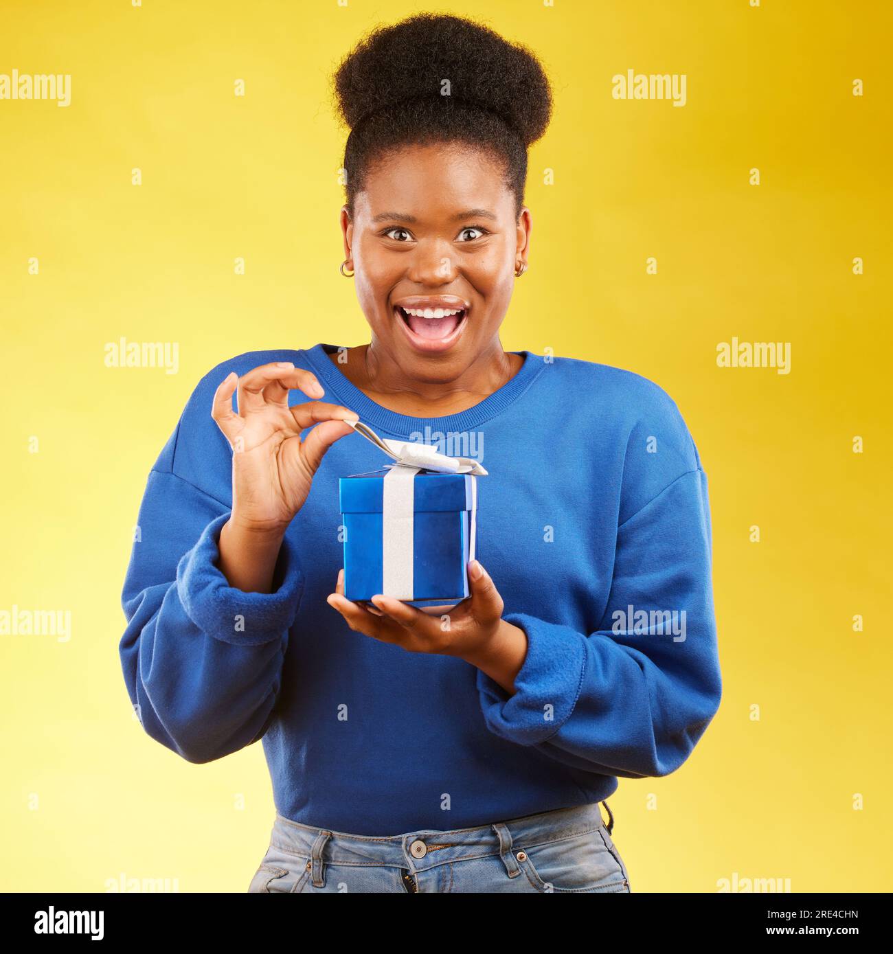 Gift, present and portrait of black woman with a surprise happy ...