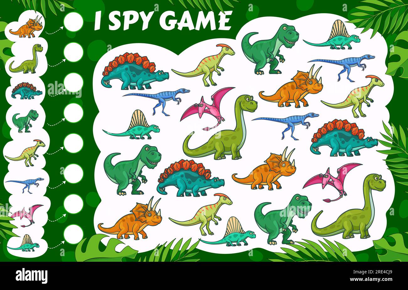 Cartoon dinosaurs, I spy kids game with dino reptiles, vector cartoon ...