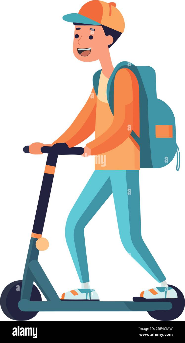 Boy riding push scooter with backpack over white Stock Vector Image ...