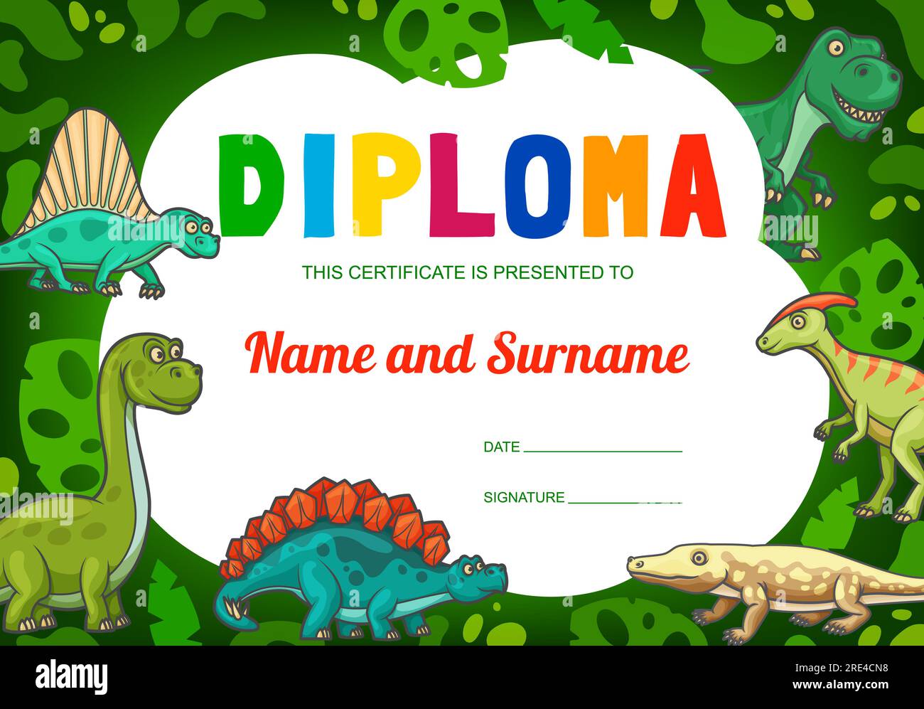 Kids diploma with cartoon dinosaur reptiles, cute vector dragons, funny ...