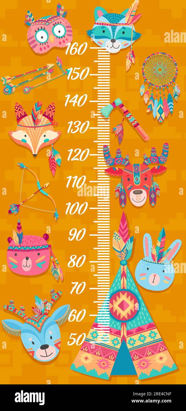 Cartoon kids height chart, funny owl, wolf and fox, elk, rabbit, bear ...