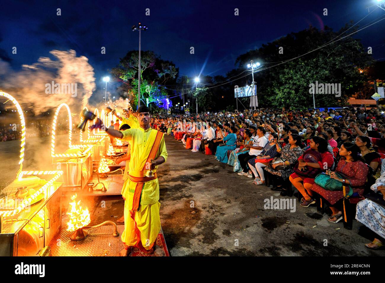 Kolkata, India. 22nd July, 2023. Hindu priests perform Ganga Arati ...