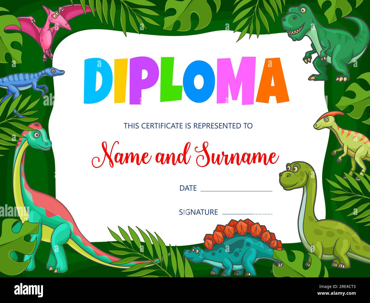 Kids education diploma with cartoon dinosaurs and Jurassic dragons ...