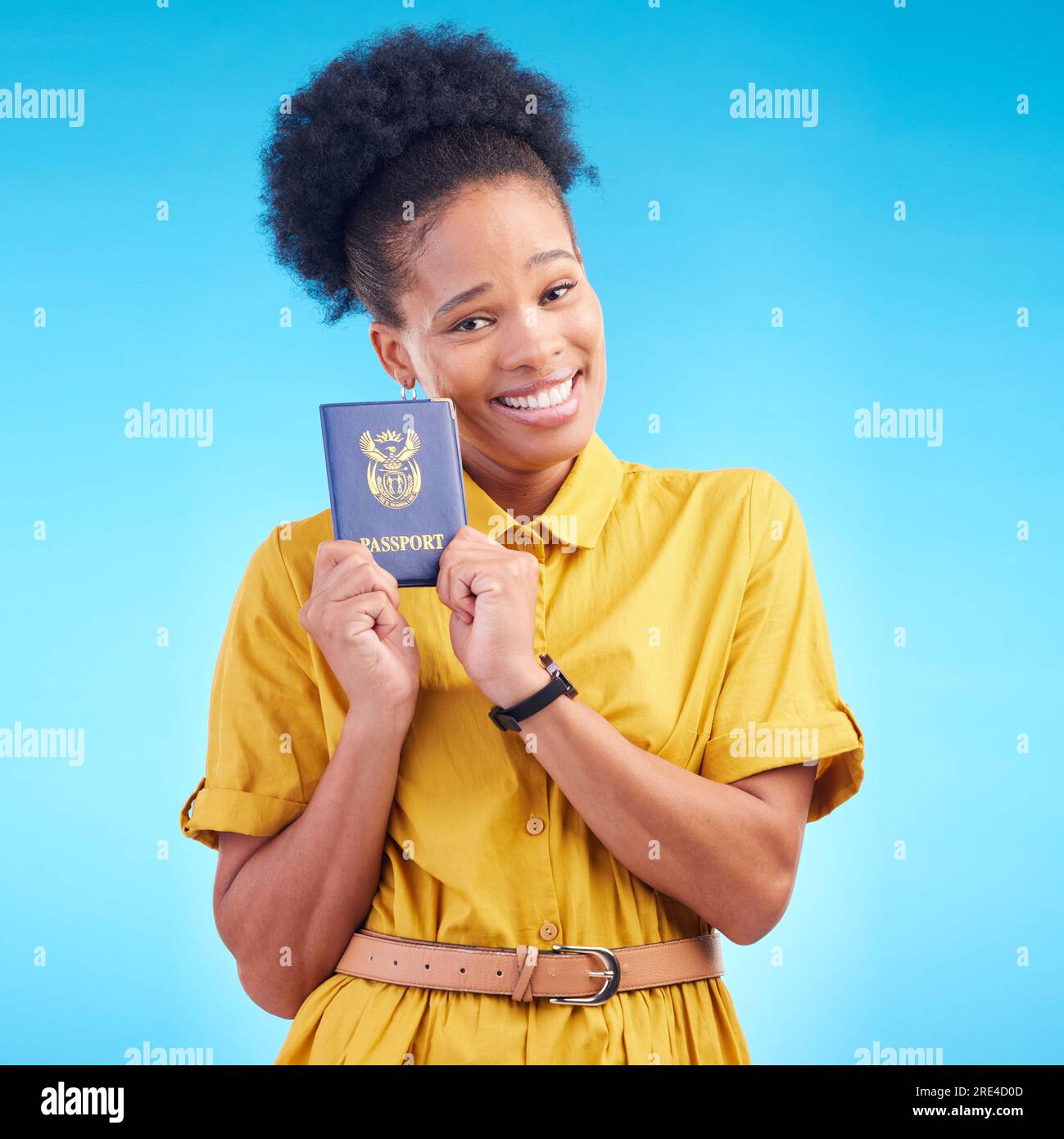 African woman, passport and studio portrait with smile for compliance ...