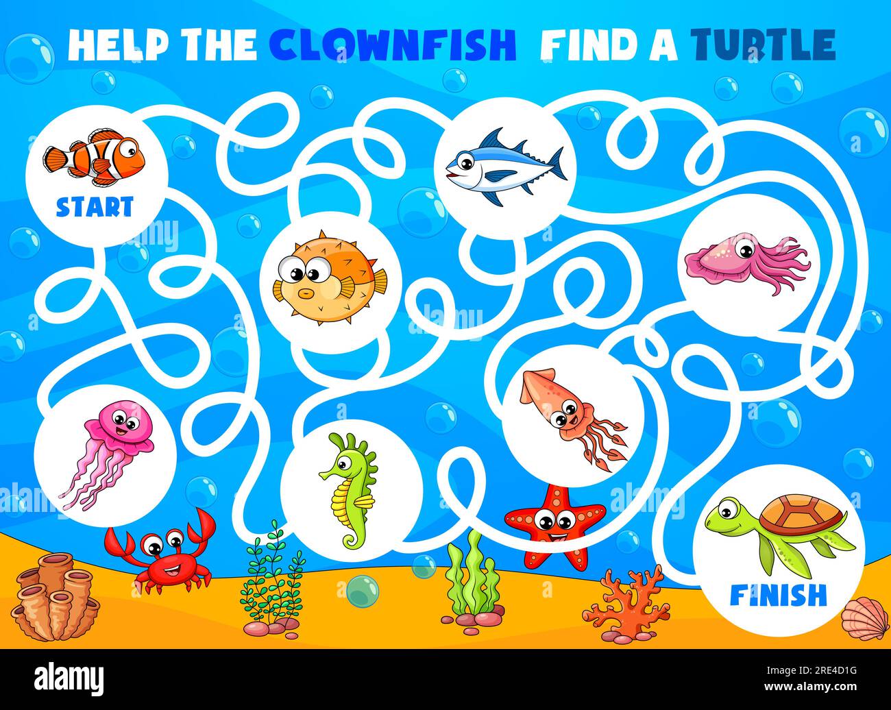 Labyrinth maze vector worksheet with underwater cartoon animals and ...