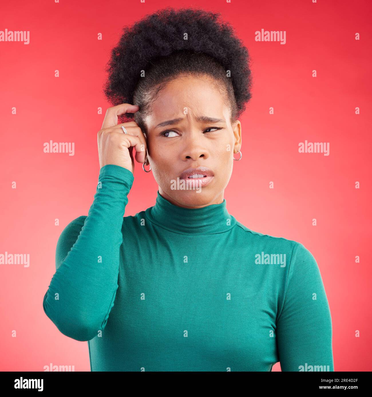 Confused, thinking and black woman scratching head in studio with ...