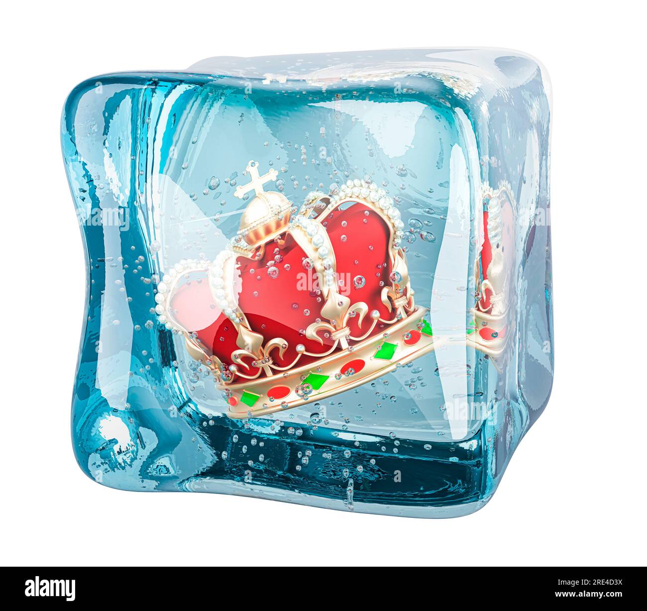 Crown frozen in ice cube, 3D rendering isolated on white background ...