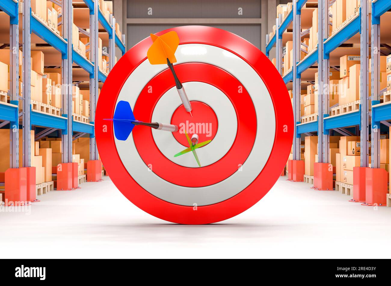 Delivery Strategy concept. Goal and arrows in storehouse, 3D rendering ...