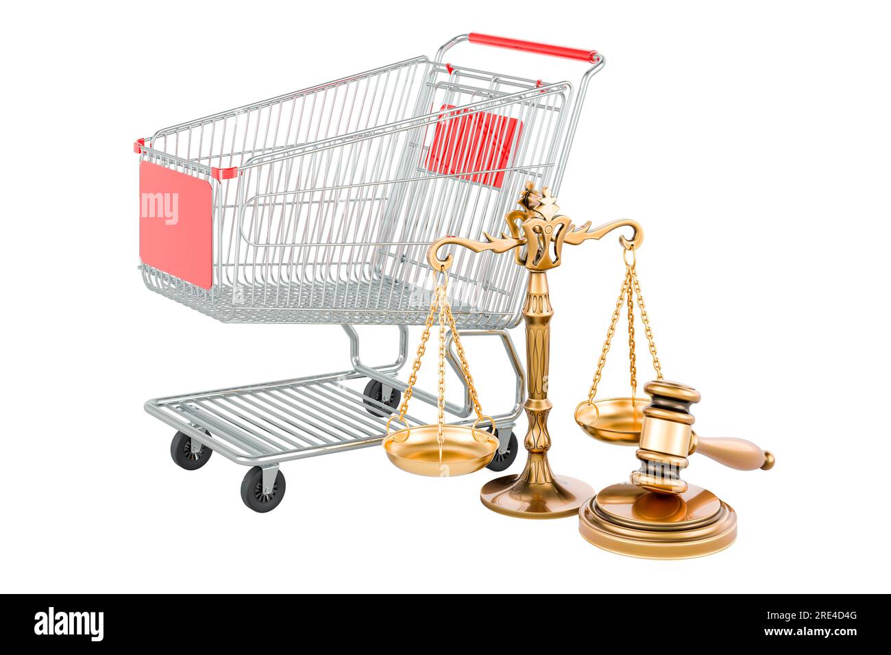 Shopping cart with wooden gavel and scales of justice. 3D rendering ...