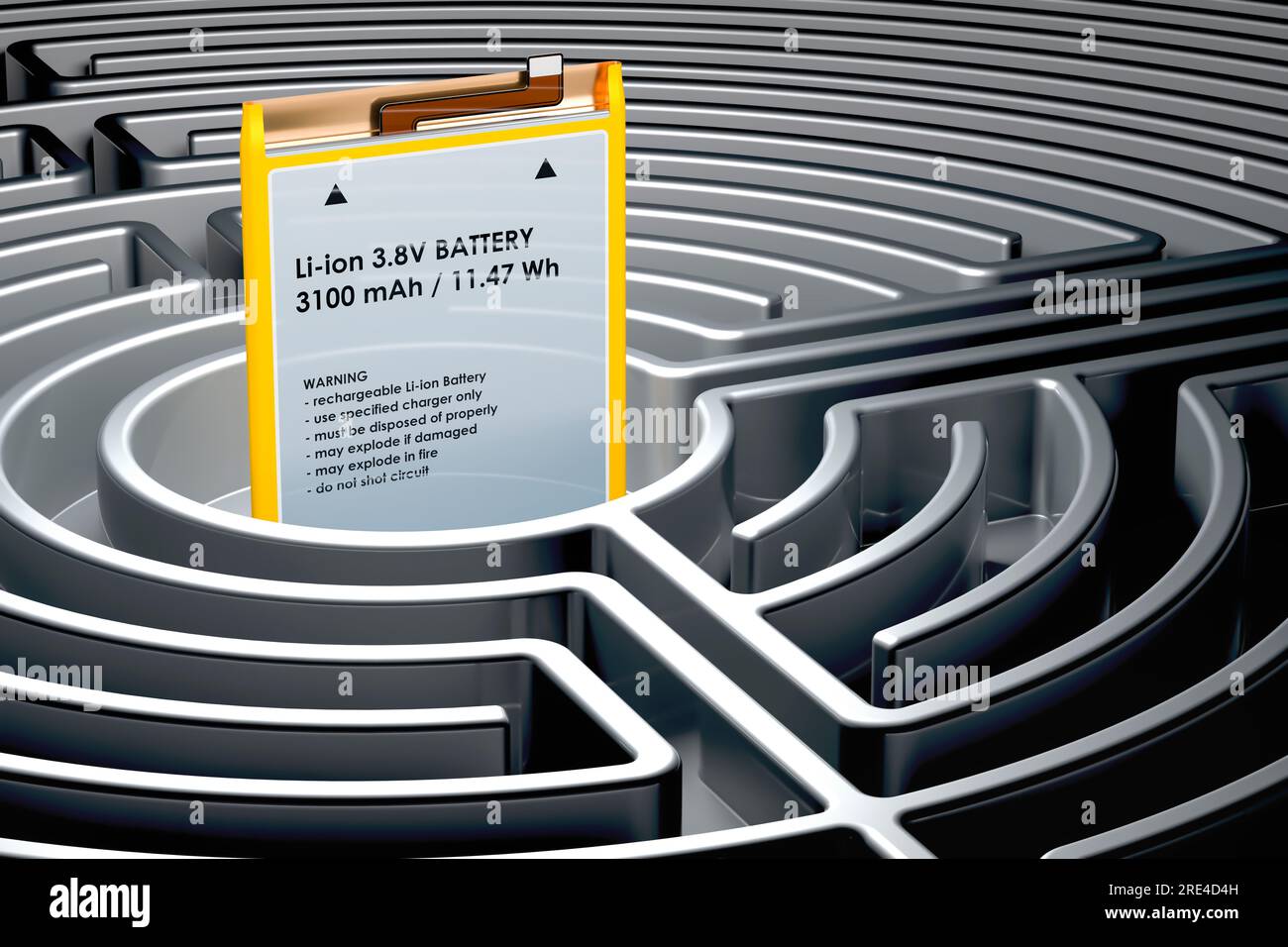 Lition-ion battery for phone inside dark labyrinth maze. 3D rendering ...